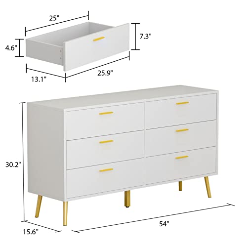 DiDuGo Chest of Drawers 6 Drawer Chest Dresser, Modern Contemporary Dresser with Metal Legs, White Dresser for Bedroom (54”W x 15.6”D x 30.1”H)