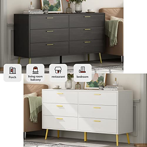 DiDuGo Chest of Drawers 6 Drawer Chest Dresser, Modern Contemporary Dresser with Metal Legs, White Dresser for Bedroom (54”W x 15.6”D x 30.1”H)