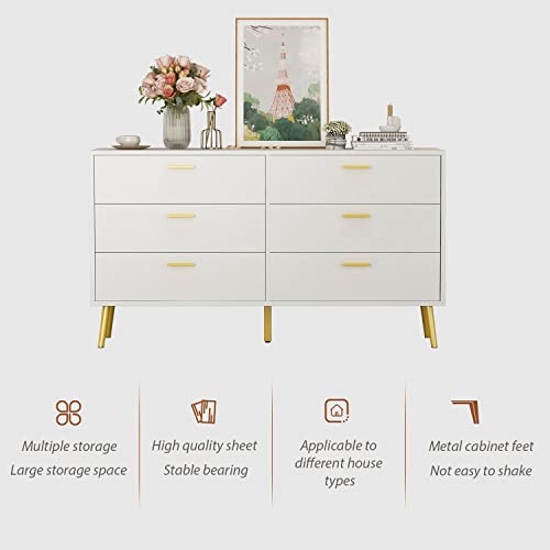 DiDuGo Chest of Drawers 6 Drawer Chest Dresser, Modern Contemporary Dresser with Metal Legs, White Dresser for Bedroom (54”W x 15.6”D x 30.1”H)