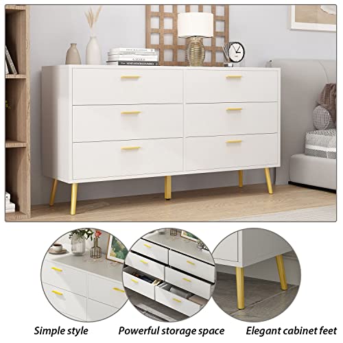 DiDuGo Chest of Drawers 6 Drawer Chest Dresser, Modern Contemporary Dresser with Metal Legs, White Dresser for Bedroom (54”W x 15.6”D x 30.1”H)