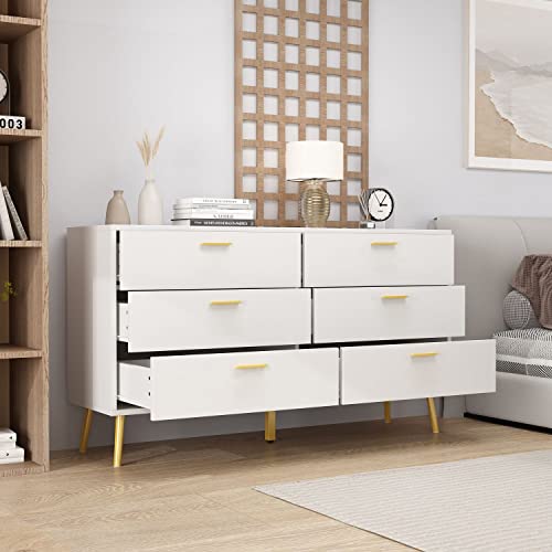 DiDuGo Chest of Drawers 6 Drawer Chest Dresser, Modern Contemporary Dresser with Metal Legs, White Dresser for Bedroom (54”W x 15.6”D x 30.1”H)