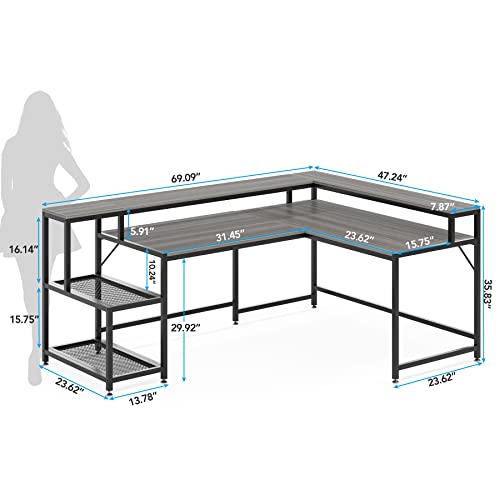 Tribesigns 69 Inch L Shaped Desk with Monitor Stand, Large Reversible Corner Desk with Storage Shelf, Industrial Computer Table Writing Desk for Home Office, Gray