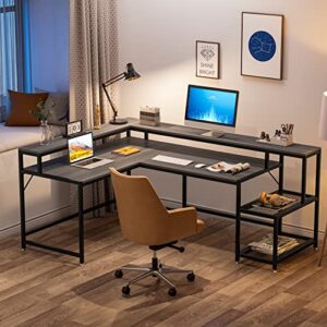 Tribesigns 69 Inch L Shaped Desk with Monitor Stand, Large Reversible Corner Desk with Storage Shelf, Industrial Computer Table Writing Desk for Home Office, Gray