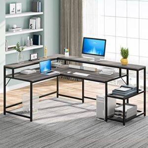 Tribesigns 69 Inch L Shaped Desk with Monitor Stand, Large Reversible Corner Desk with Storage Shelf, Industrial Computer Table Writing Desk for Home Office, Gray