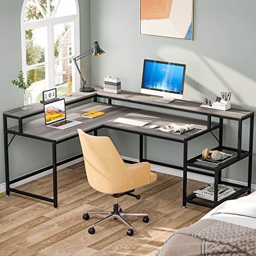 Tribesigns 69 Inch L Shaped Desk with Monitor Stand, Large Reversible Corner Desk with Storage Shelf, Industrial Computer Table Writing Desk for Home Office, Gray