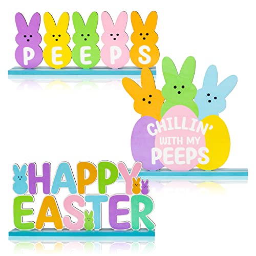 3Pcs Happy Easter Table Decorations Bunny Peeps Sign Happy Egg Hunt Table Centerpieces Bunny Rejoice Sign Wooden Easter Party Decorations Table Ornament for Easter Indoor Party Favors Tiered Tray Home