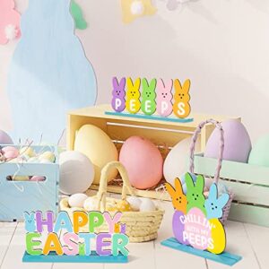 3Pcs Happy Easter Table Decorations Bunny Peeps Sign Happy Egg Hunt Table Centerpieces Bunny Rejoice Sign Wooden Easter Party Decorations Table Ornament for Easter Indoor Party Favors Tiered Tray Home