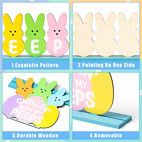 3Pcs Happy Easter Table Decorations Bunny Peeps Sign Happy Egg Hunt Table Centerpieces Bunny Rejoice Sign Wooden Easter Party Decorations Table Ornament for Easter Indoor Party Favors Tiered Tray Home