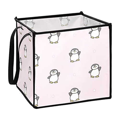 KEEPREAL Pink Background Penguin Cube Storage Bin with Handles, Large Collapsible Organizer Storage Basket for Home Decorative(1Pack,13 x 13 x 13 in)