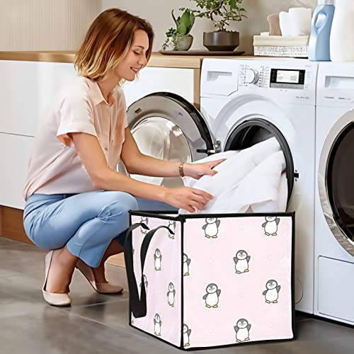 KEEPREAL Pink Background Penguin Cube Storage Bin with Handles, Large Collapsible Organizer Storage Basket for Home Decorative(1Pack,13 x 13 x 13 in)