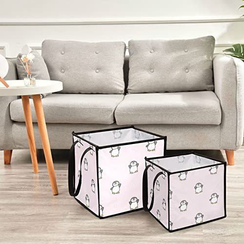 KEEPREAL Pink Background Penguin Cube Storage Bin with Handles, Large Collapsible Organizer Storage Basket for Home Decorative(1Pack,13 x 13 x 13 in)