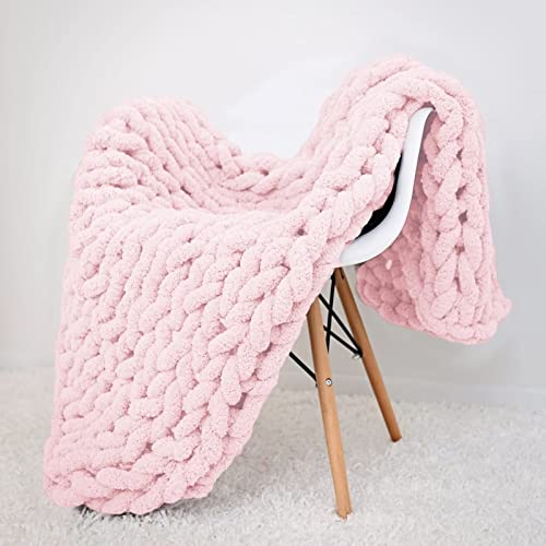 huraty Light Pink Chunky Knit Throw Blanket Chenille Yarn Sofa Blanket Hand Knit Throw Blanket Cozy Boho Home Decor 31x39