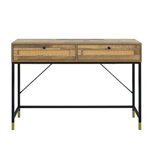 gia home furniture series mid century console table rattan crafted drawers,wood computer desk installed,salmon oak finishing, black metal leg