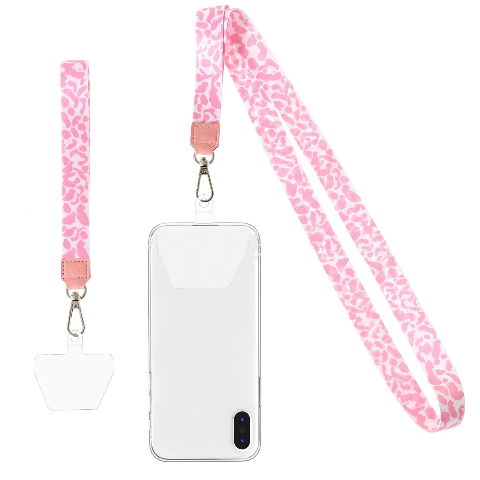 Universal Cell Phone Lanyard, Crossbody Phone Lanyard, Wrist Strap, lanyards for Keys, Adjustable Detachable Shoulder Strap and Phone Tether,Phone Strap Compatible with Most Smartphones-Pink Leopard