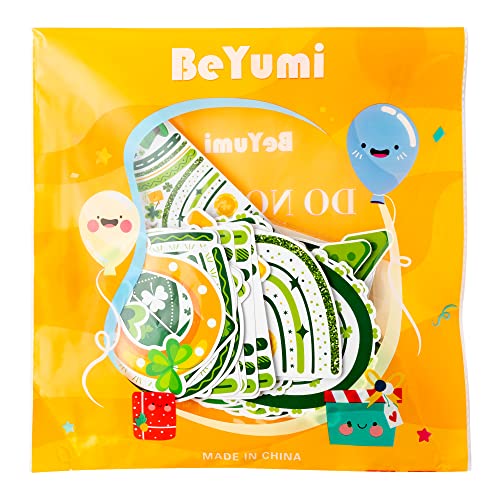 BeYumi 91Pcs Lucky Bulletin Board Decorations Set Green Shamrock Lucky Boho Rainbow Cutouts Scalloped Bulletin Board Trim Borders Classroom Homeschool Chalkboard Wall Decor Party Supplies