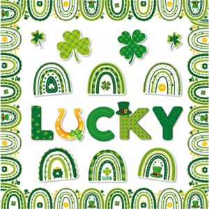 beyumi 91pcs lucky bulletin board decorations set green shamrock lucky boho rainbow cutouts scalloped bulletin board trim borders classroom homeschool chalkboard wall decor party supplies