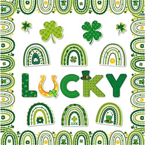 BeYumi 91Pcs Lucky Bulletin Board Decorations Set Green Shamrock Lucky Boho Rainbow Cutouts Scalloped Bulletin Board Trim Borders Classroom Homeschool Chalkboard Wall Decor Party Supplies