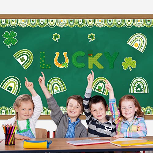 BeYumi 91Pcs Lucky Bulletin Board Decorations Set Green Shamrock Lucky Boho Rainbow Cutouts Scalloped Bulletin Board Trim Borders Classroom Homeschool Chalkboard Wall Decor Party Supplies