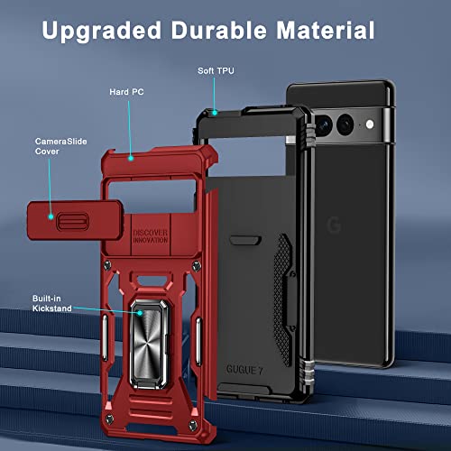 DEERLAMN for Google Pixel 7 Pro Case with Slide Camera Cover,[Full Camera Protection] [Magnetic Rotated Kickstand] Military Grade Shockproof Heavy Duty Protective Cover-Red