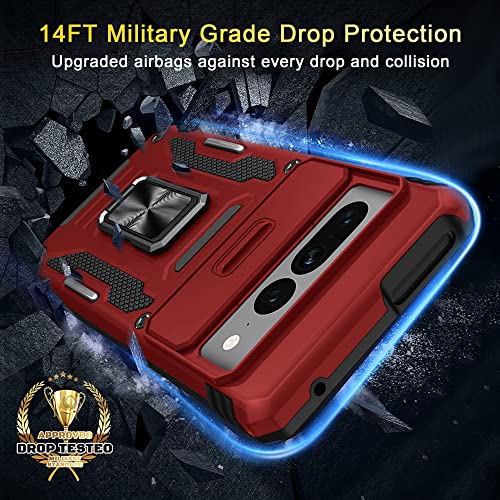 DEERLAMN for Google Pixel 7 Pro Case with Slide Camera Cover,[Full Camera Protection] [Magnetic Rotated Kickstand] Military Grade Shockproof Heavy Duty Protective Cover-Red