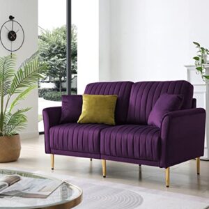 yuxuanhang loveseat with removable backrest pillows, modern velvet upholstered sofas with gold metal legs, for living room, bedroom, easy assembly (purple)