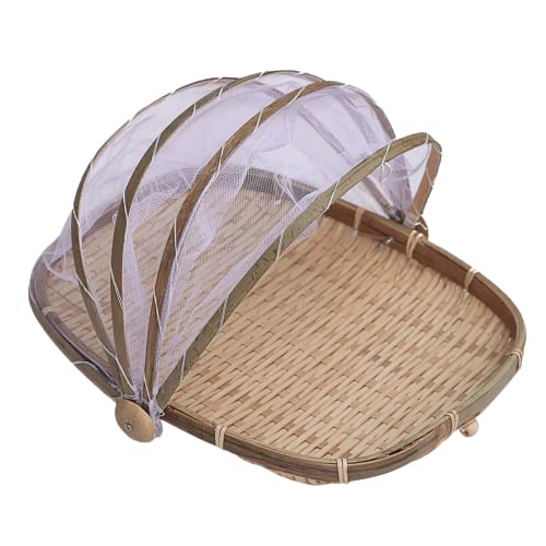 LAHERA KING 13 inch Covered Rectangular Bamboo Serving Food Tent Basket Hand Woven Basket Serving Dustproof Picnic Basket Vegetable Fruits Bread Food Home Square Food Storage Basket with Mesh Cover