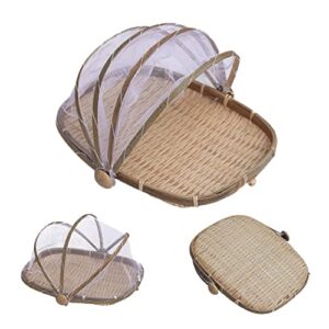 LAHERA KING 13 inch Covered Rectangular Bamboo Serving Food Tent Basket Hand Woven Basket Serving Dustproof Picnic Basket Vegetable Fruits Bread Food Home Square Food Storage Basket with Mesh Cover