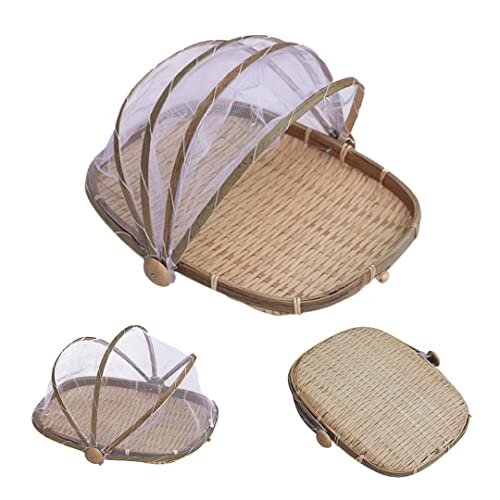 LAHERA KING 13 inch Covered Rectangular Bamboo Serving Food Tent Basket Hand Woven Basket Serving Dustproof Picnic Basket Vegetable Fruits Bread Food Home Square Food Storage Basket with Mesh Cover