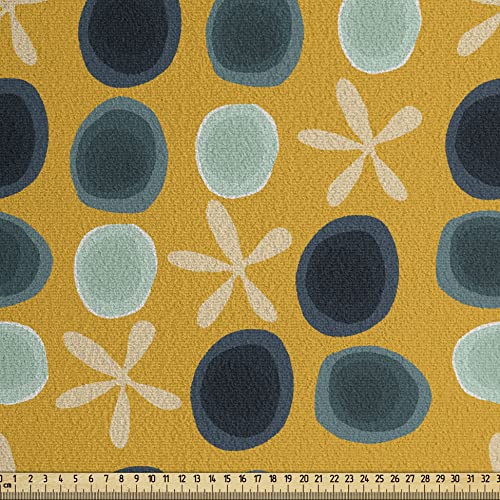 Ambesonne Modern Teal Faux Suede Fabric by The Yard, Circles and The Flowers Abstract Style of Drawing Illustration, for Indoor Outdoor DIY Projects Upholstery, 1 Yard, Mustard and Petrol Blue