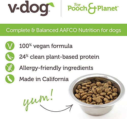 V-dog Vegan Kibble Dry Dog Food (24 LB) | Plant Based Protein with Added Taurine for Sensitive Stomach and Skin | Adult Dog Food | Vegetarian Superfood with Certified Organic Ingredients | Made in US