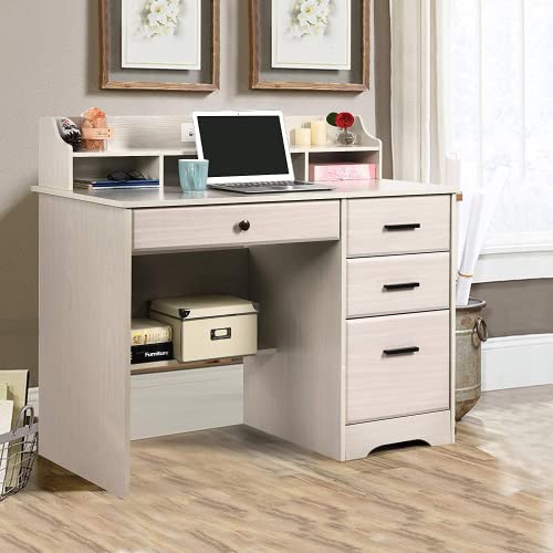 4 EVER WINNER Computer Desk with 4 Drawers and Hutch, Home Office Desk with File Drawers and Monitor Shelf, Writing Sturdy PC Laptop Notebook Desk, Spacious Desktop (White Off Desk)