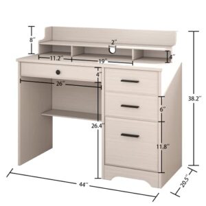 4 EVER WINNER Computer Desk with 4 Drawers and Hutch, Home Office Desk with File Drawers and Monitor Shelf, Writing Sturdy PC Laptop Notebook Desk, Spacious Desktop (White Off Desk)