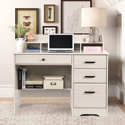 4 EVER WINNER Computer Desk with 4 Drawers and Hutch, Home Office Desk with File Drawers and Monitor Shelf, Writing Sturdy PC Laptop Notebook Desk, Spacious Desktop (White Off Desk)