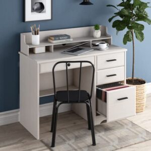 4 EVER WINNER Computer Desk with 4 Drawers and Hutch, Home Office Desk with File Drawers and Monitor Shelf, Writing Sturdy PC Laptop Notebook Desk, Spacious Desktop (White Off Desk)