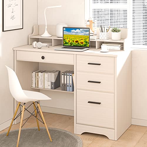 4 EVER WINNER Computer Desk with 4 Drawers and Hutch, Home Office Desk with File Drawers and Monitor Shelf, Writing Sturdy PC Laptop Notebook Desk, Spacious Desktop (White Off Desk)