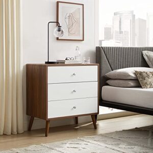 modway transmit mid-century modern wood walnut white, 3-drawer chest