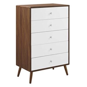 modway transmit mid-century modern wood walnut white, 5-drawer chest