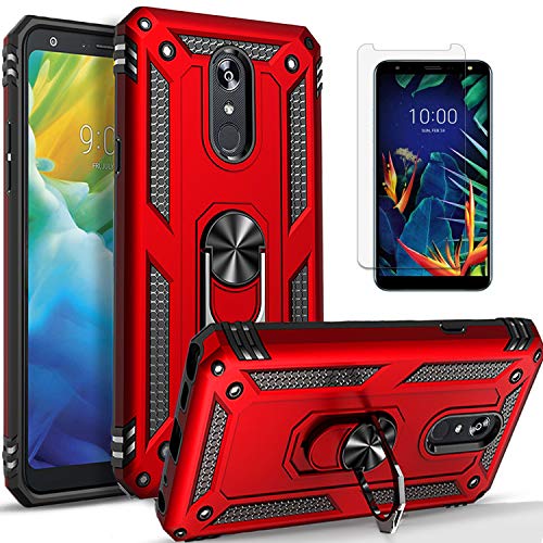 STARSHOP LG Stylo 5 Phone Case, [Not Fit Stylo 4 / Stylo 6], with [Tempered Glass Protector Included] Military Grade Shockproof Protection Cover with Rotating Ring Holder Kickstand - Scarlet