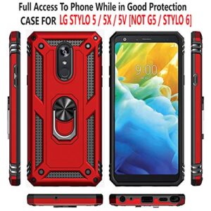 STARSHOP LG Stylo 5 Phone Case, [Not Fit Stylo 4 / Stylo 6], with [Tempered Glass Protector Included] Military Grade Shockproof Protection Cover with Rotating Ring Holder Kickstand - Scarlet