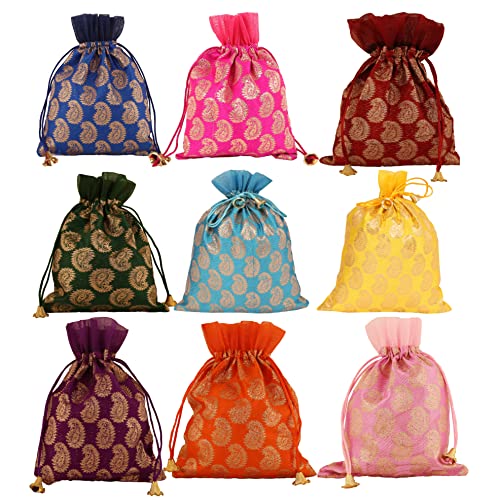 Touchstone Gorgeous Gift Wrapping bags reusable environment friendly Large Drawstring Paisley Brocade for birthdays, wedding, return present packing set. pack of 9. 12x9 inches