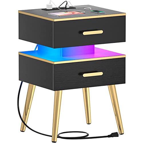 Cyclysio 28.5'' Nightstand with Charging Station, Tall Bedside Tables with Led Lights, Bed Side Table Night Stand with Drawers for Bedroom and Sofa Side, Black