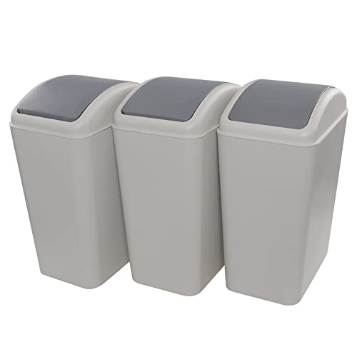 CadineUS 4.2 Gollon Plastic Trash Can with Swing Lids, Grey Garbage Bin Set of 3