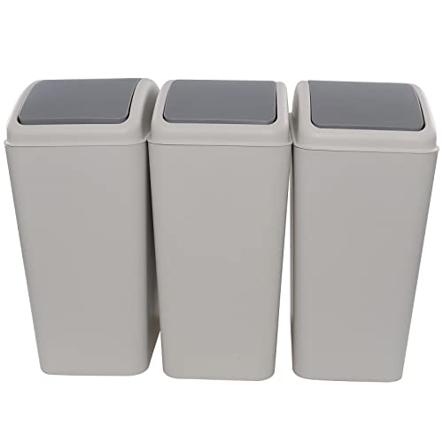 CadineUS 4.2 Gollon Plastic Trash Can with Swing Lids, Grey Garbage Bin Set of 3