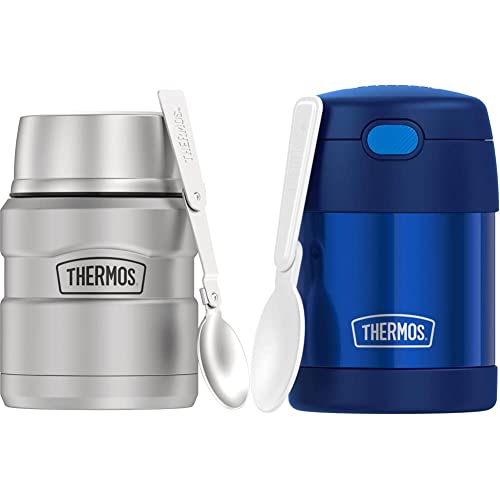 THERMOS Stainless King Vacuum-Insulated Food Jar with Spoon, 16 Ounce, Stainless Steel & FUNTAINER 10 Ounce Stainless Steel Vacuum Insulated Kids Food Jar with Folding Spoon, Navy