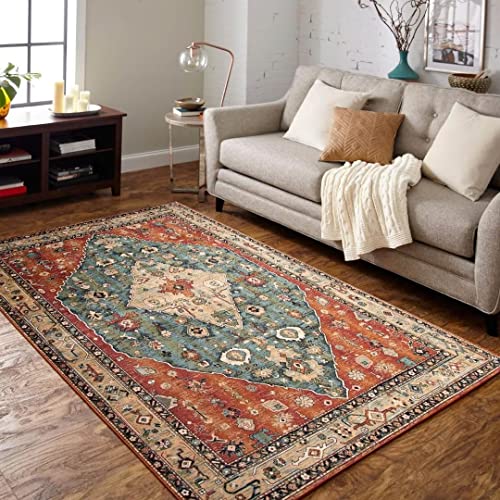 Boho Washable Area Rug 3x5 Bedroom Entry Throw Rug Distressed Medallion Bohemian Faux Wool Indoor Rug Non-Slip Low Pile Carpet for Entrance Living Room Bedroom Dining Table