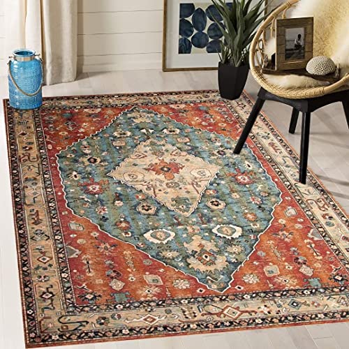 Boho Washable Area Rug 3x5 Bedroom Entry Throw Rug Distressed Medallion Bohemian Faux Wool Indoor Rug Non-Slip Low Pile Carpet for Entrance Living Room Bedroom Dining Table