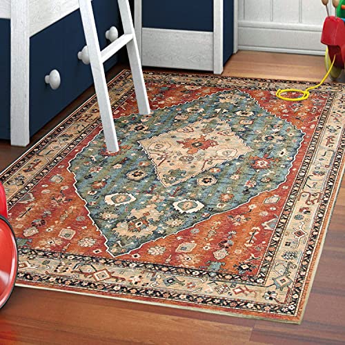 Boho Washable Area Rug 3x5 Bedroom Entry Throw Rug Distressed Medallion Bohemian Faux Wool Indoor Rug Non-Slip Low Pile Carpet for Entrance Living Room Bedroom Dining Table