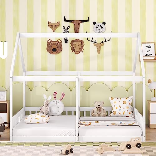 Harper & Bright Designs Kids House Bed Frame with 2 Twin Platform Beds,Wooden Double Twin Beds with Triangular Roof,Montessori Floor Bed Twin with Rails for Girls or Boys, No Box Spring Needed,White