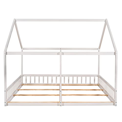 Harper & Bright Designs Kids House Bed Frame with 2 Twin Platform Beds,Wooden Double Twin Beds with Triangular Roof,Montessori Floor Bed Twin with Rails for Girls or Boys, No Box Spring Needed,White