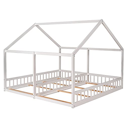 Harper & Bright Designs Kids House Bed Frame with 2 Twin Platform Beds,Wooden Double Twin Beds with Triangular Roof,Montessori Floor Bed Twin with Rails for Girls or Boys, No Box Spring Needed,White